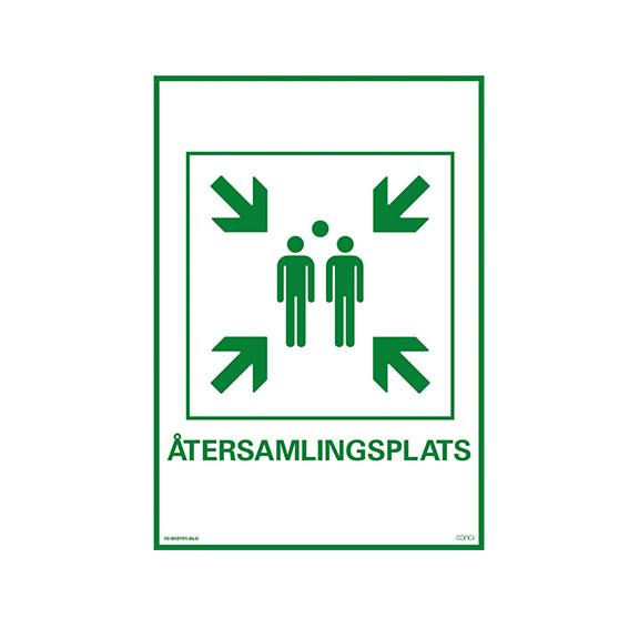 SKYLT UTRYMNING ÅTERSAMLINGSPLATS 297X420 MM VIT/GRÖN ALU